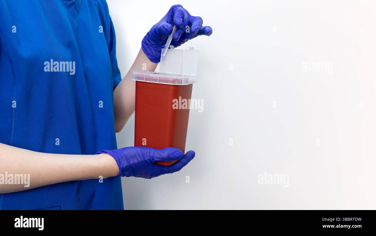Mockup Doctor Disposes Needle, Ampule In Sharps Container. Disposal ...