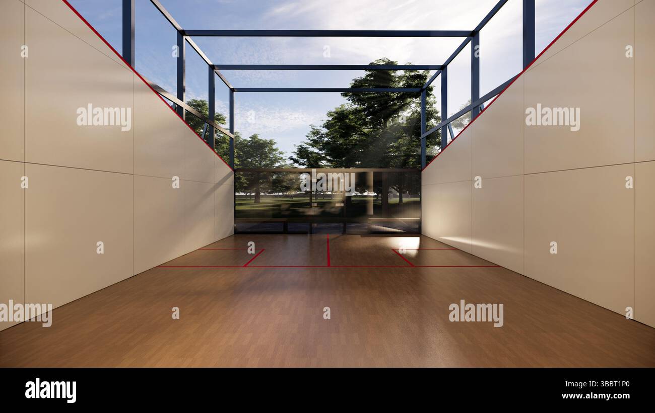 Outdoor empty squash court with metal structure and wooden floor Stock ...