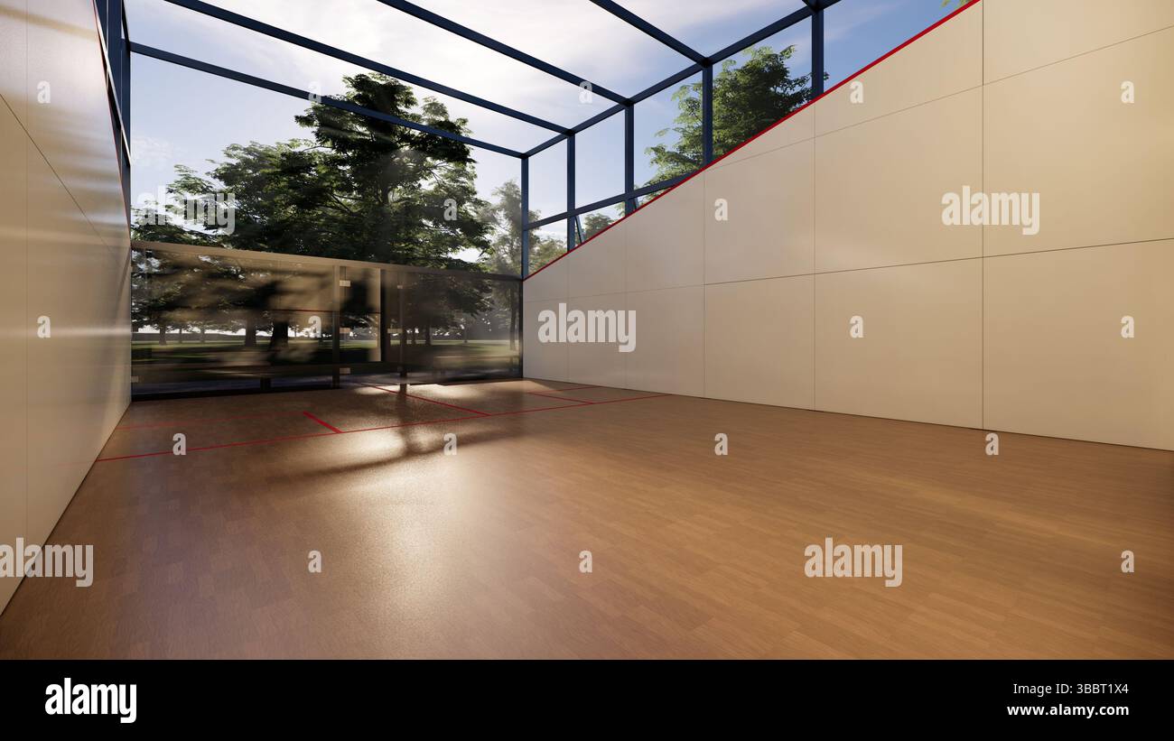 Outdoor empty squash court with metal structure and wooden floor Stock ...