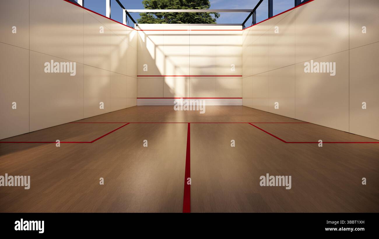 Outdoor empty squash court with metal structure and wooden floor Stock ...