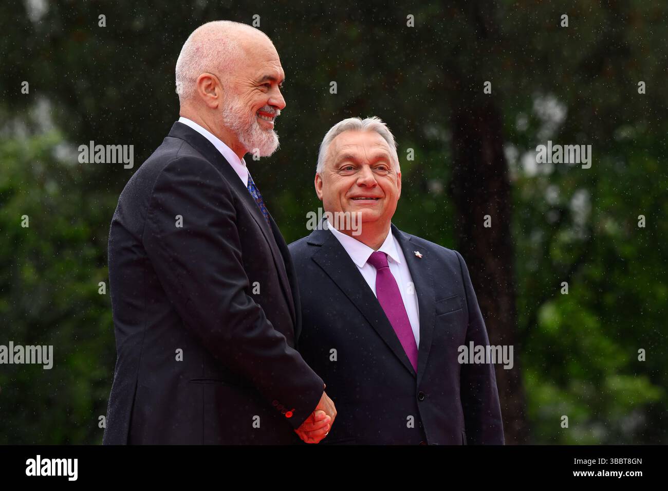 Albanian Prime Minister Edi Rama (left) greets Hungarian Prime Minister ...