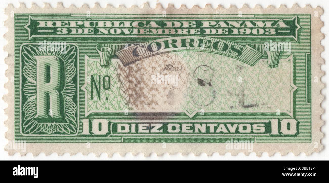 PANAMA — 1904 August 01: 10 centavo green Registration stamp depicting ...