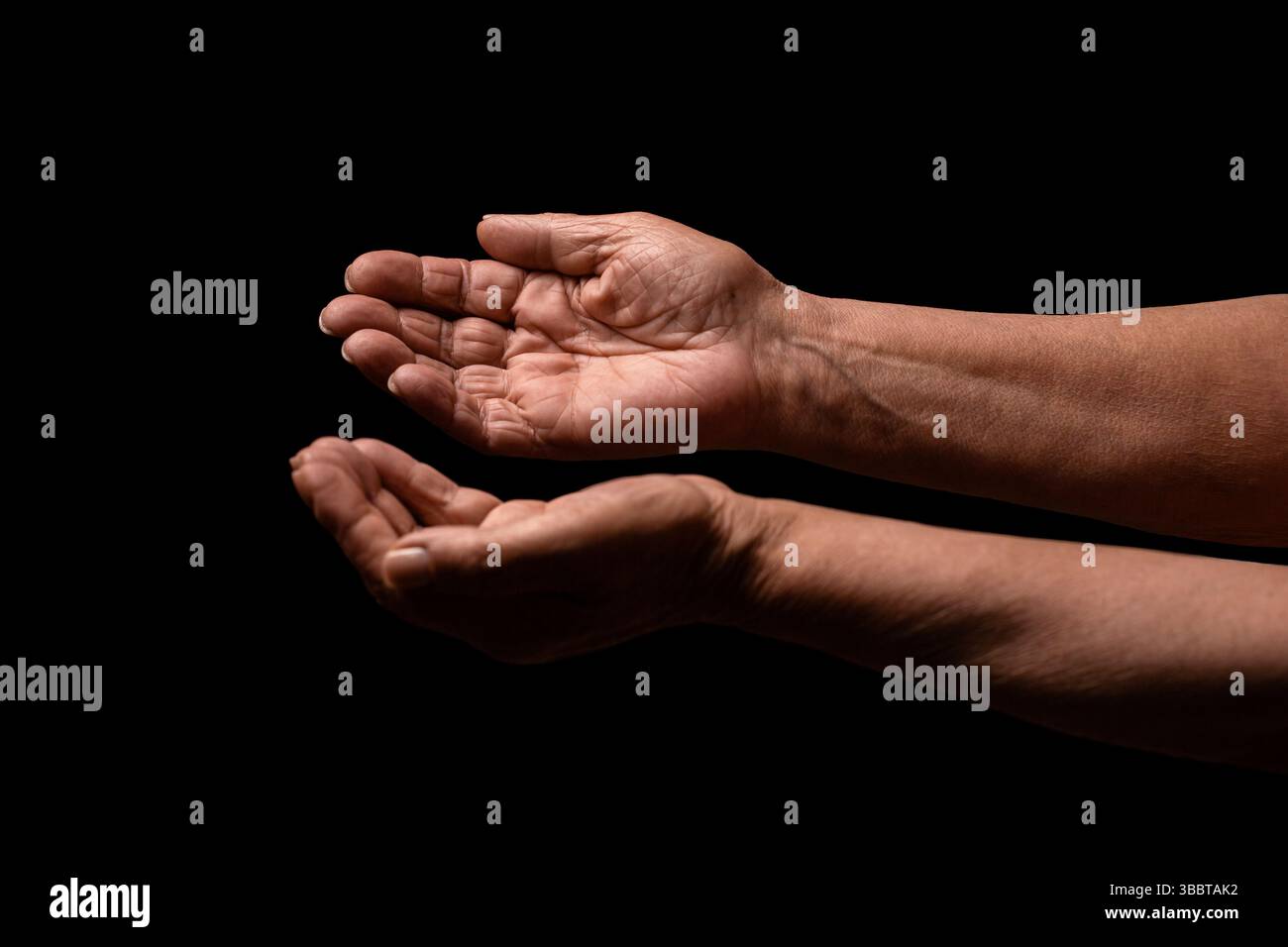Old lady hands with open palms. Elderly lady is waiting for help ...