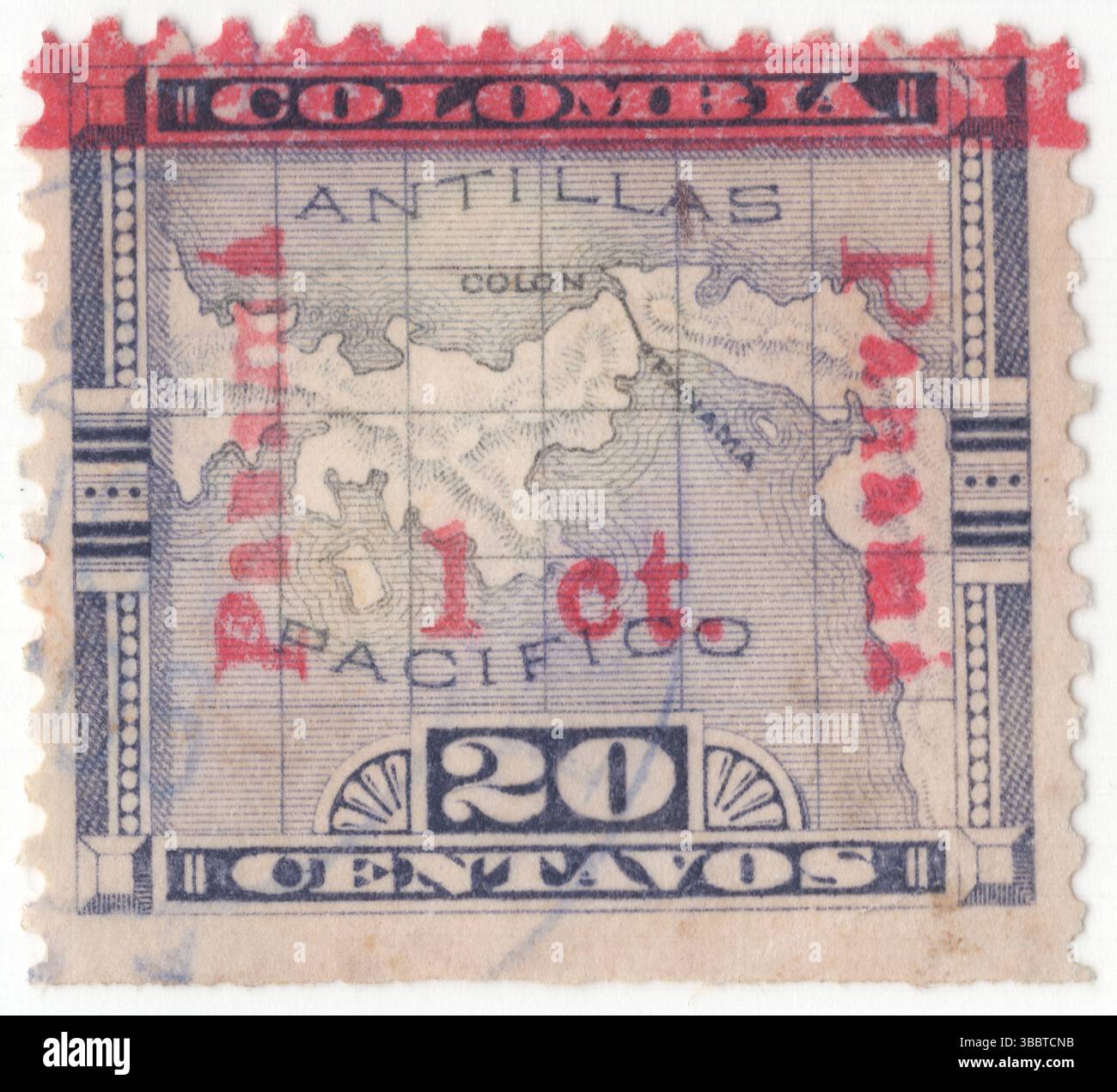 PANAMA — 1906: 1 on 20 centavo violet postage stamp depicting Map of ...