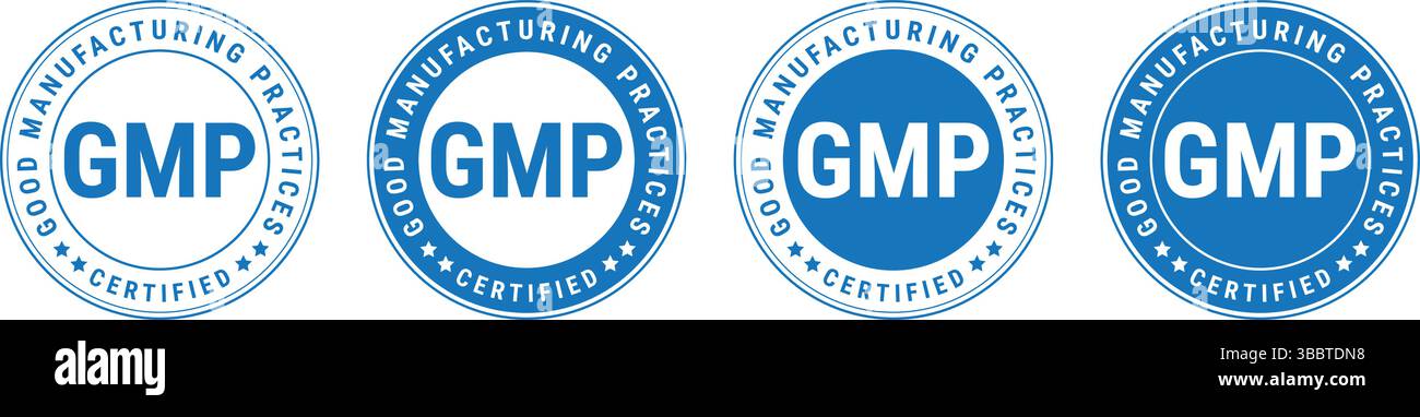 round blue GMP certified badges with bold letters and clean design used ...