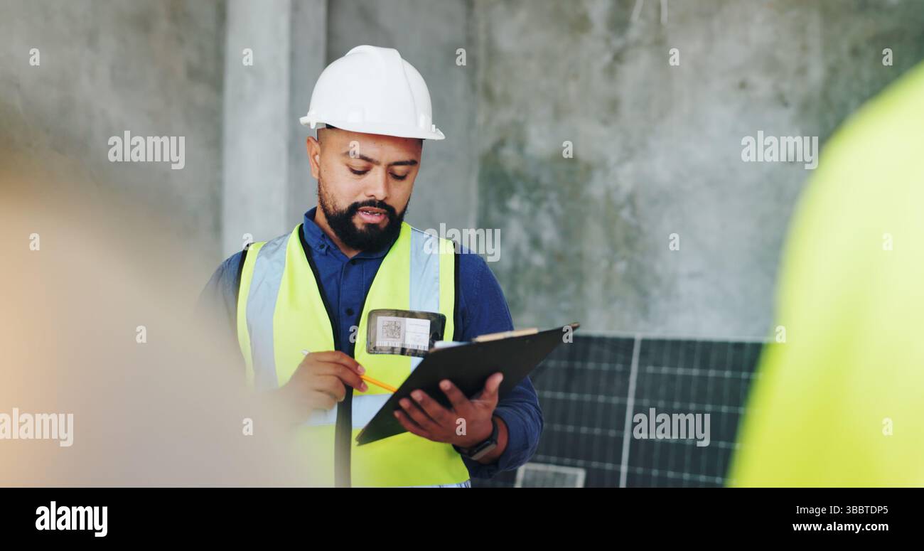 Building, clipboard and inspection with construction worker man on site for civil engineering or ...