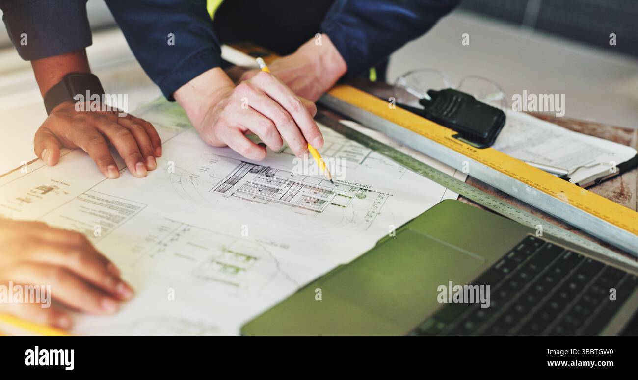 Blueprints, hands and writing with construction worker people closeup ...