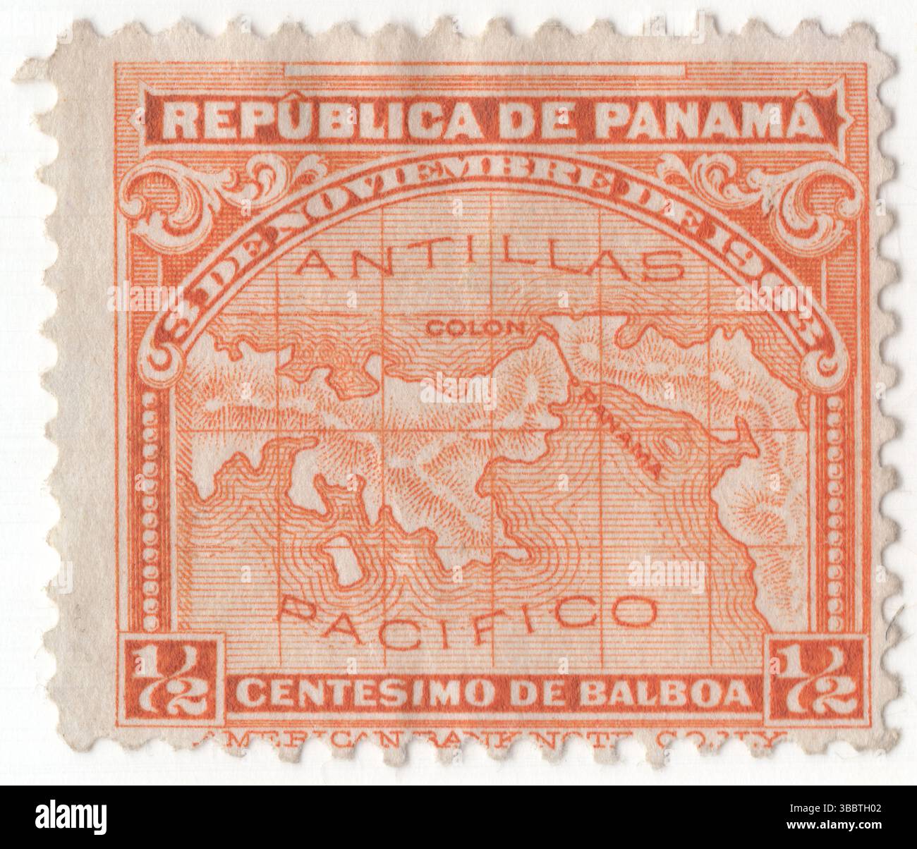 PANAMA — 1911: ½ centesimo orange postage stamp depicting Map of the ...