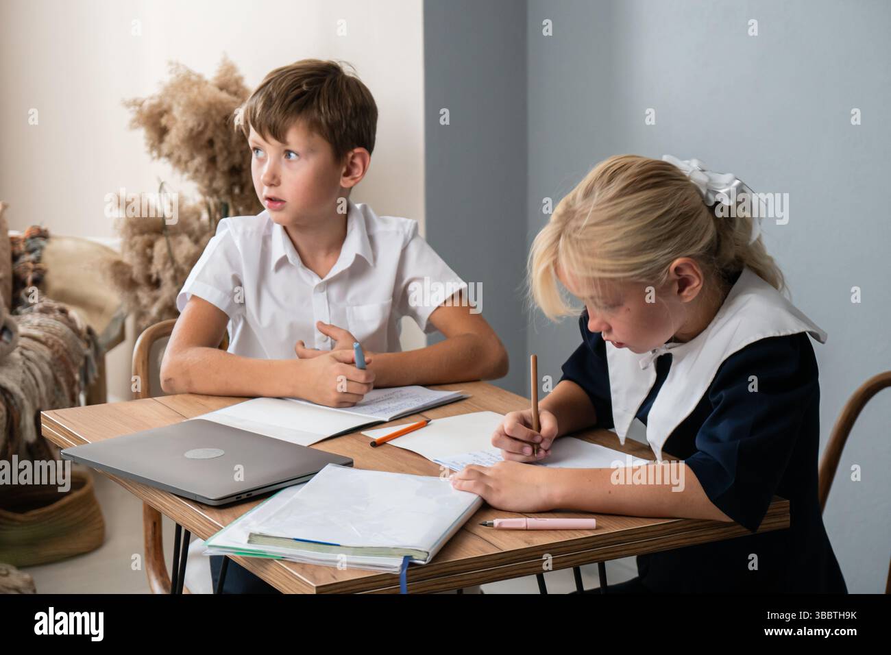 Students Schoolwork Homework - Two children in school uniform are ...