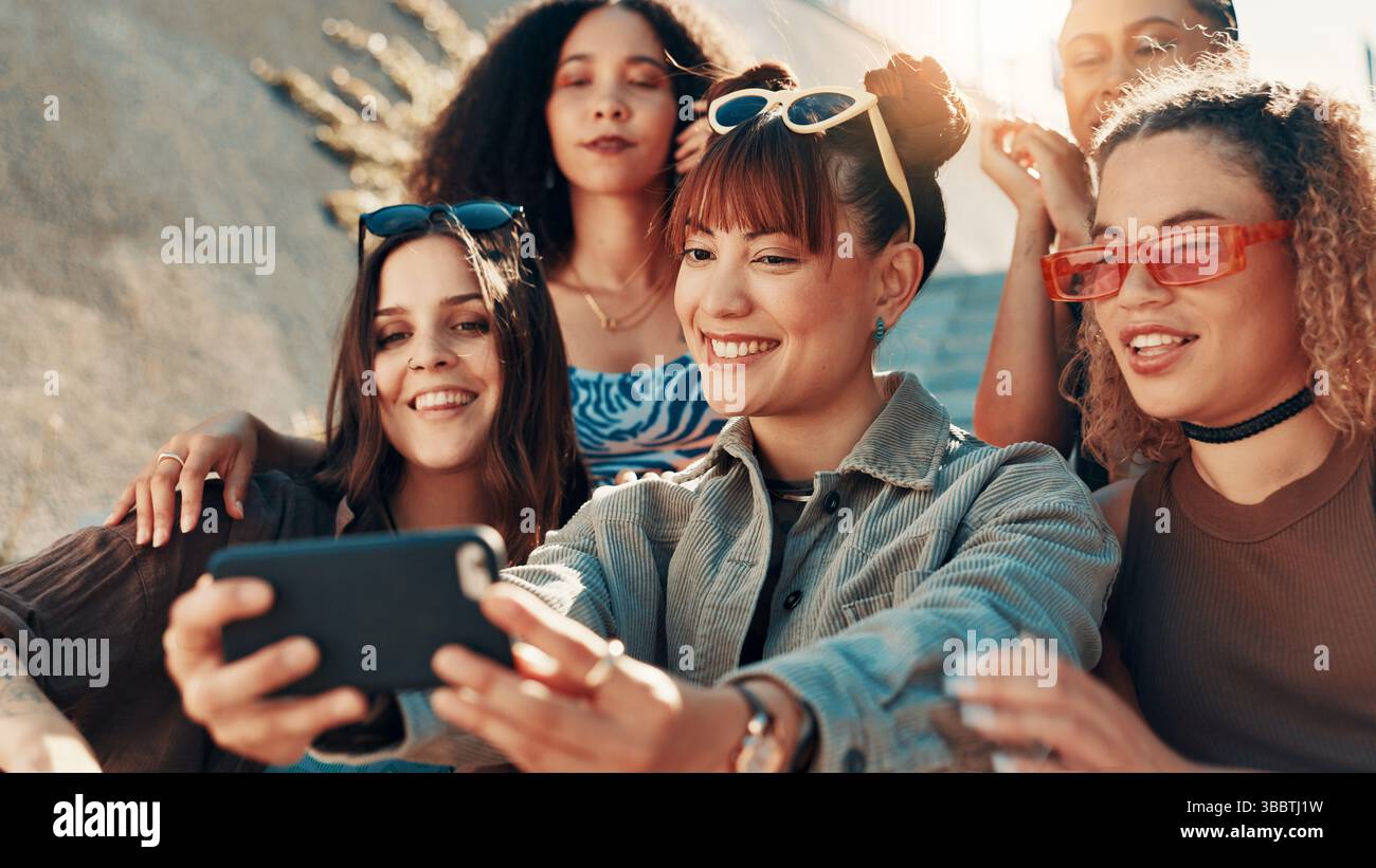 Selfie, friends and women in city, fashion and profile picture with happiness, youth culture and ...