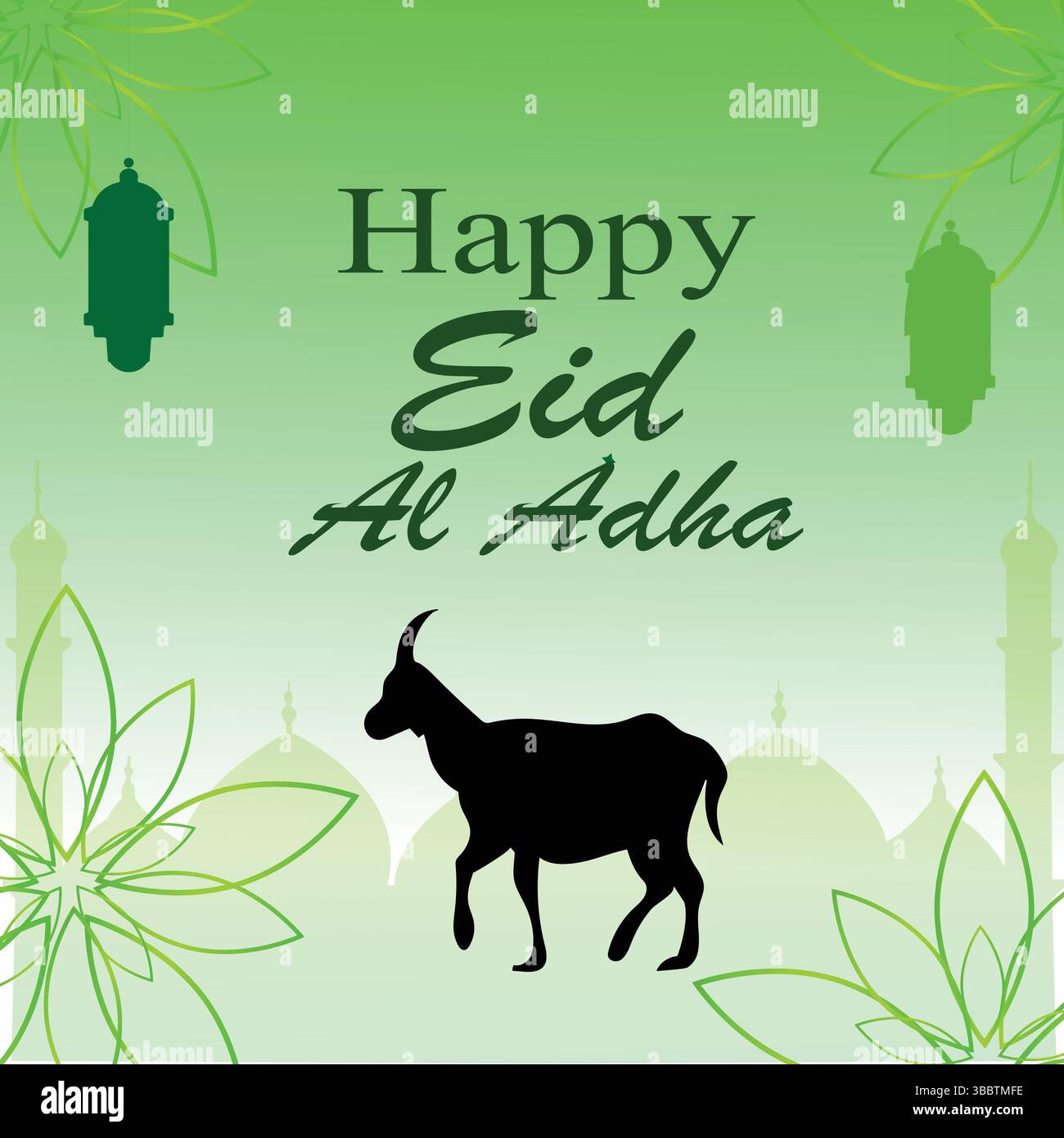 Eid Al Adha Card with Two Goats and Hanging Lanterns on Green ...