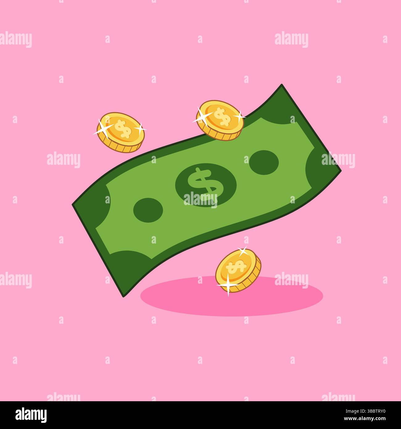 A Piece of Paper Money and Coins Floating Vector Illustration Cartoon ...