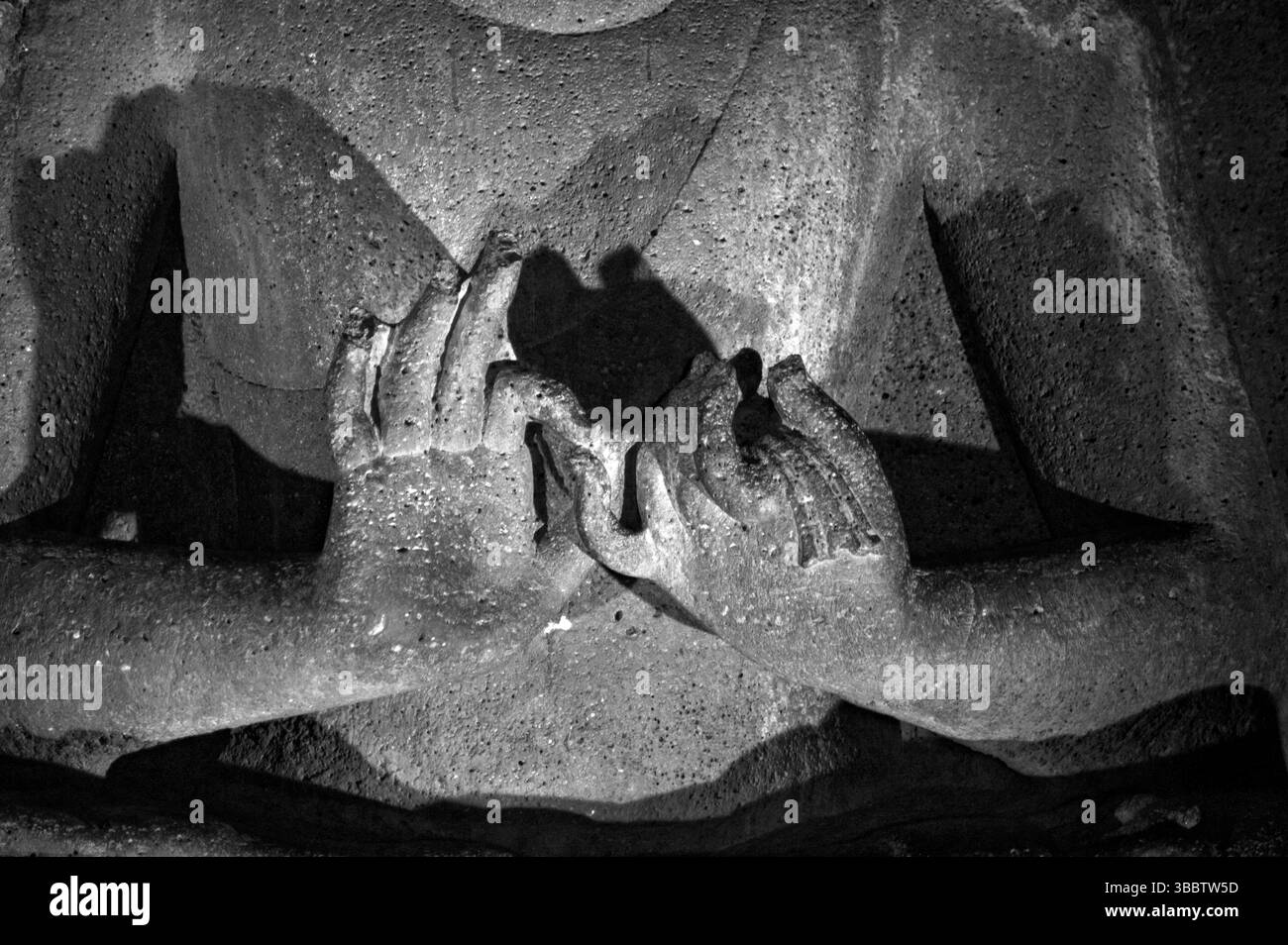 Black and white photo of Buddha in a preaching pose at Ajanta cave ...