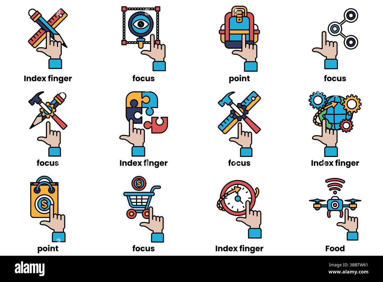 A set of images of hands pointing at various things in a line drawing ...