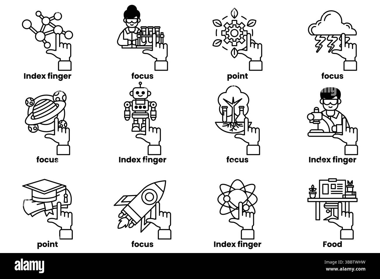 A set of images of hands pointing at various things in a line drawing ...