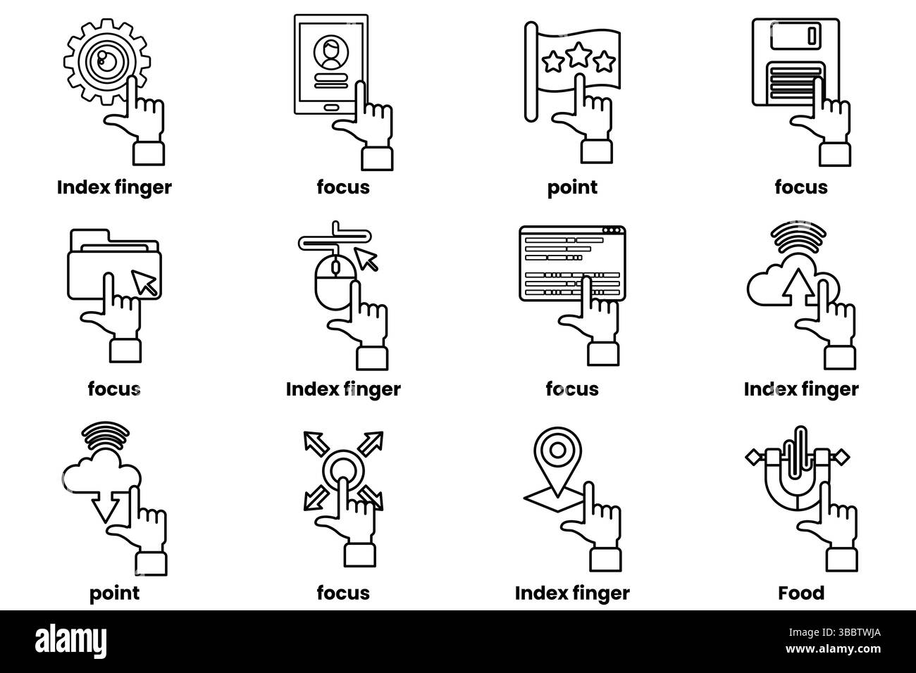 A set of images of hands pointing at various things in a line drawing ...