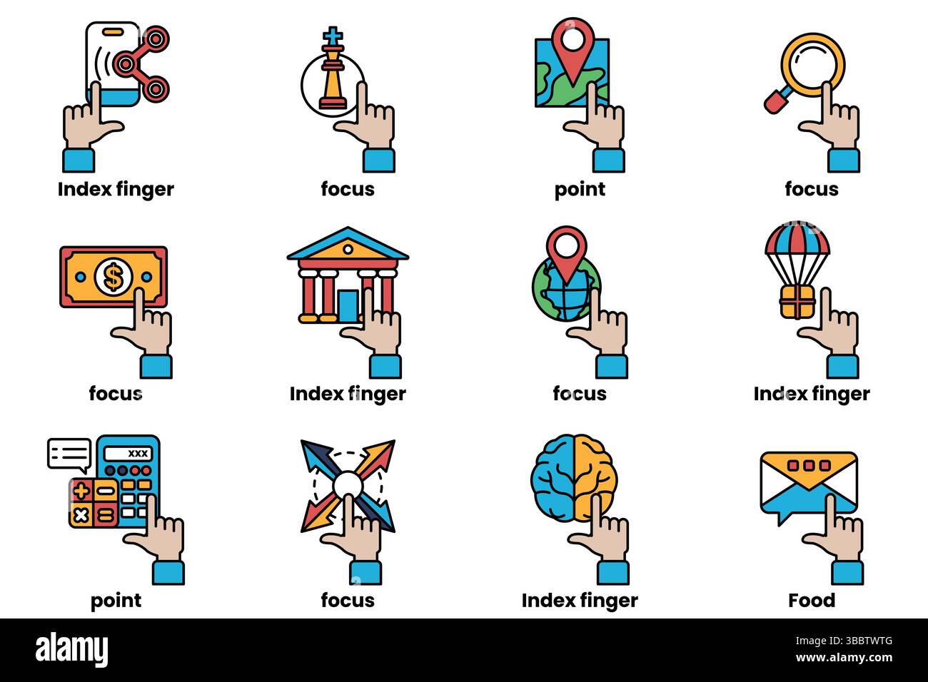 A set of images of hands pointing at various things in a line drawing ...