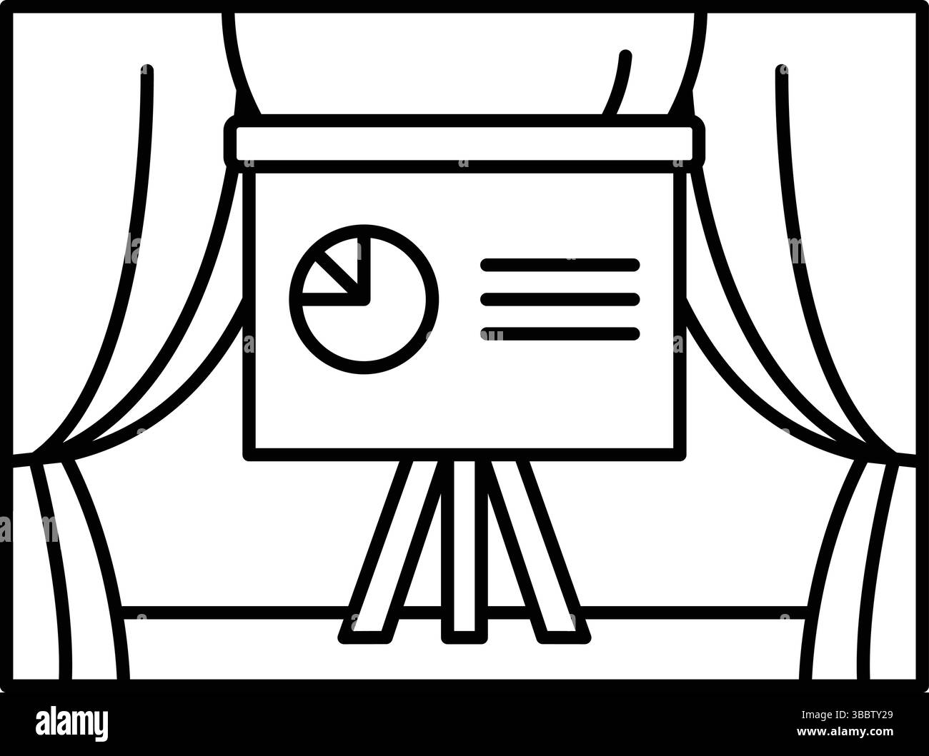 A black and white drawing of a projector screen with a pie chart on it ...