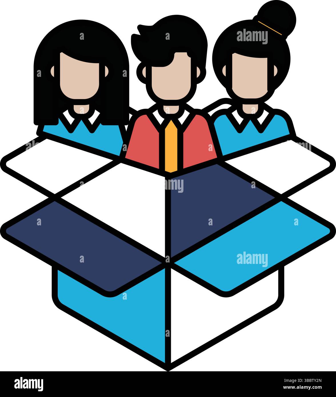 Three people are inside a box. The box is blue and white. The people ...