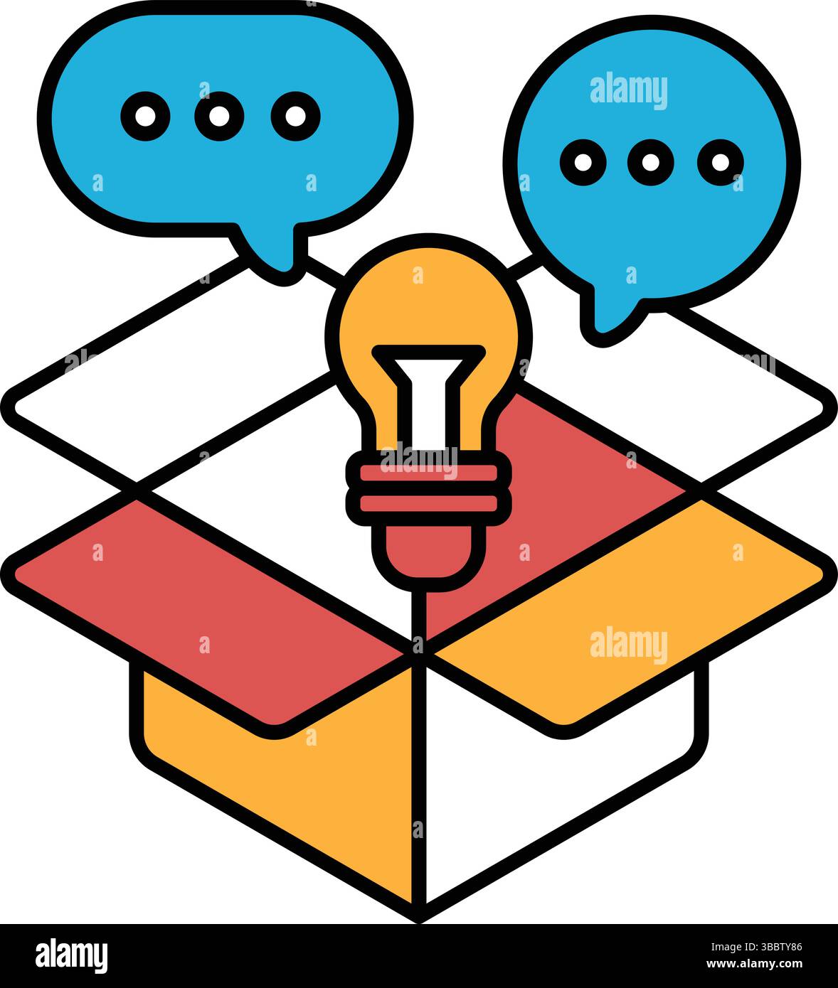 A box with a light bulb inside and two speech bubbles on top of it. The ...