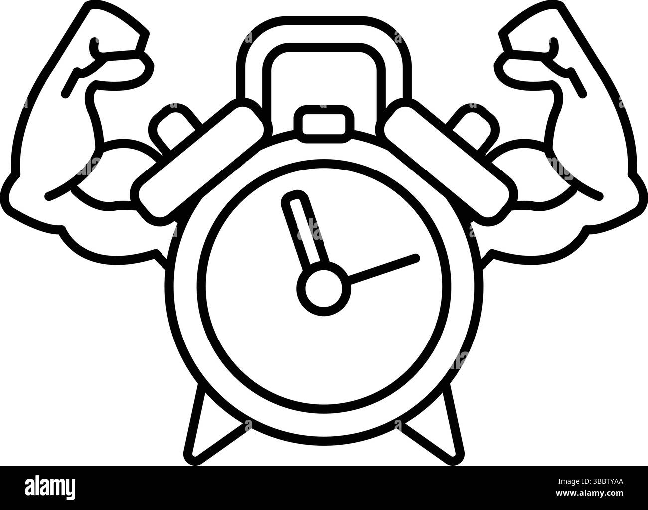 A black and white drawing of a clock with a pair of biceps on either ...