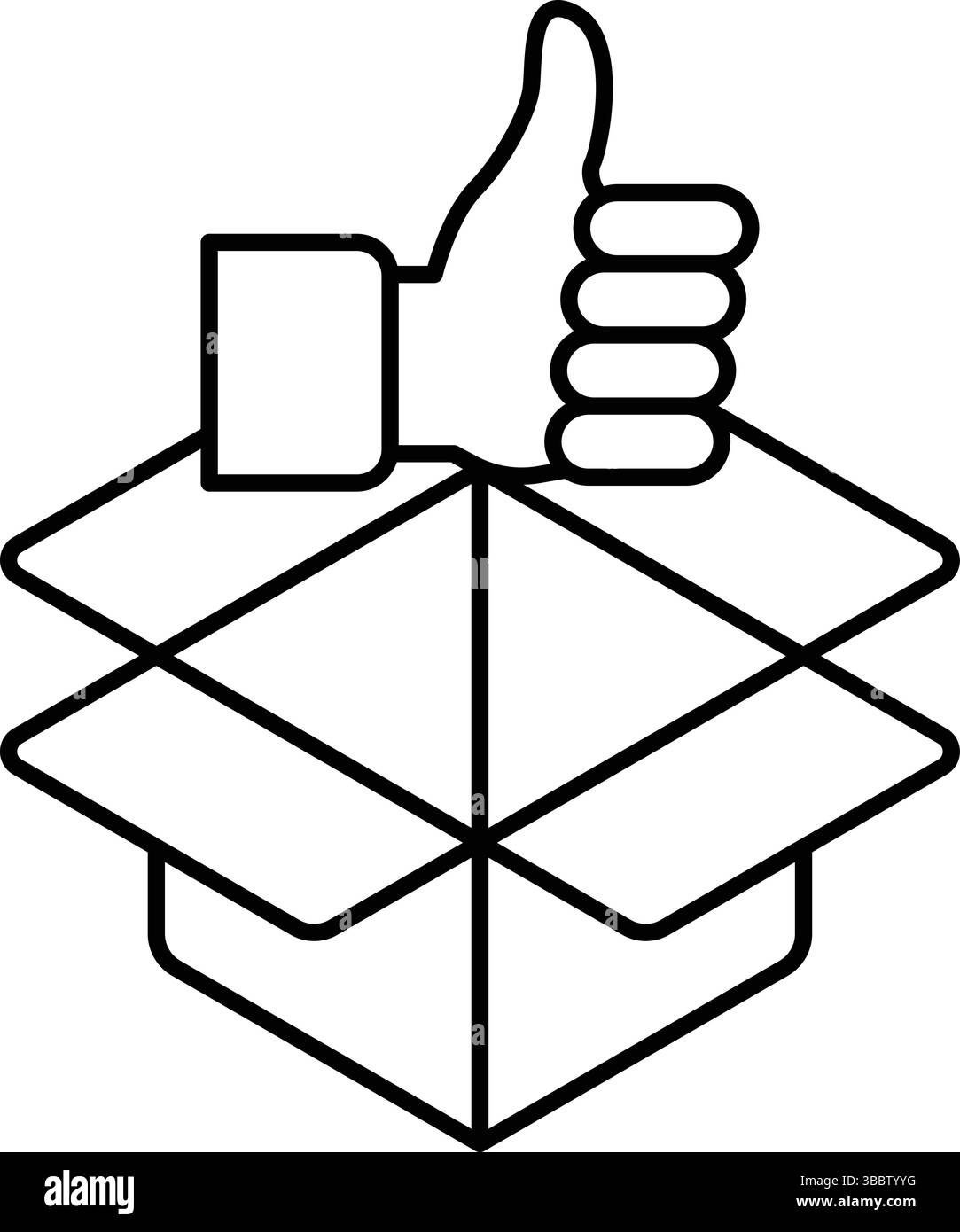 A hand giving a thumbs up to a box. The box is open and has a white ...