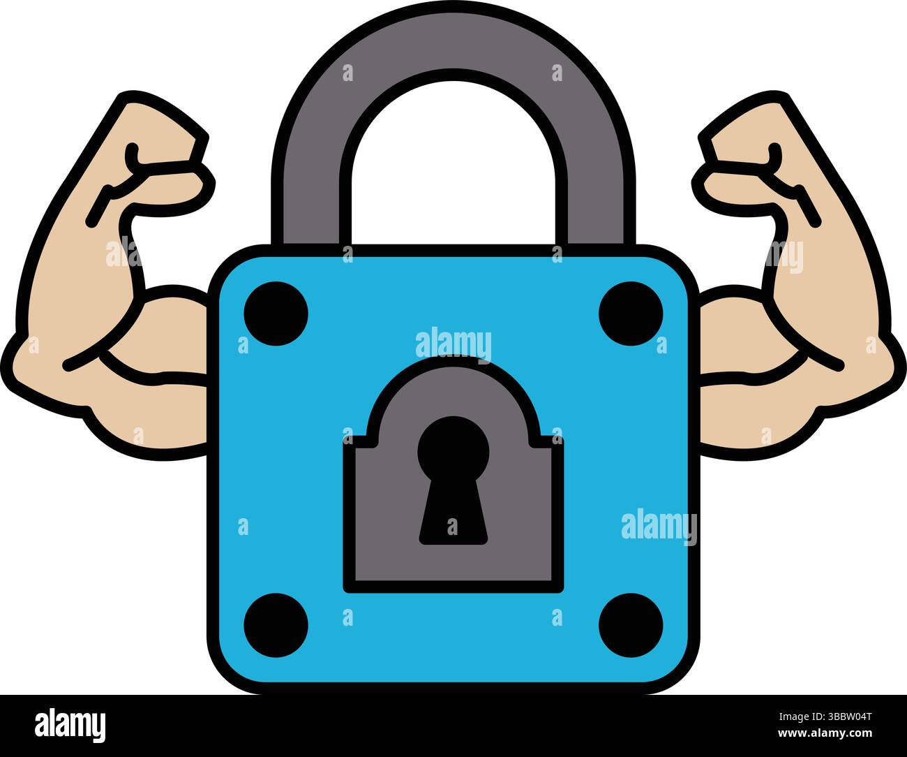 A blue lock with a keyhole and a man's biceps on either side of it. The ...