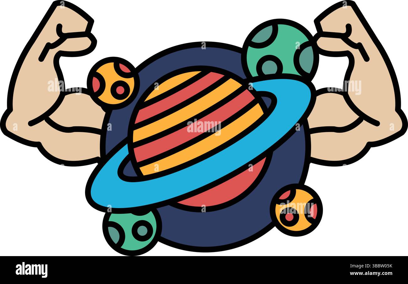 A cartoon drawing of a man with his arms raised and a large planet in ...