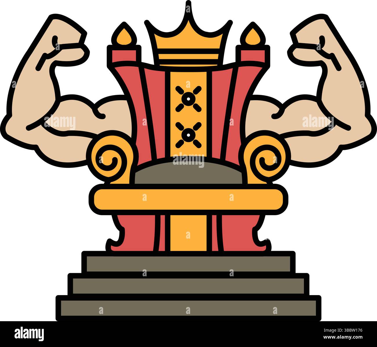 A cartoon of a man with a muscular build sitting on a throne. Concept ...