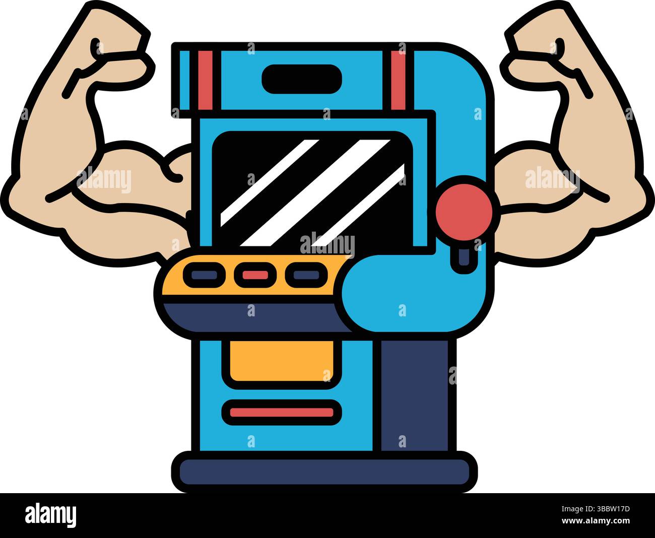 A cartoon of a man with a muscular arm holding a video game controller ...