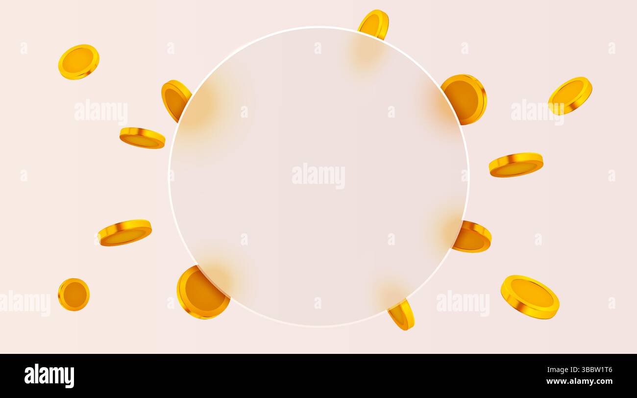 Empty circle glass frame with flying golden coins. Vector illustration ...