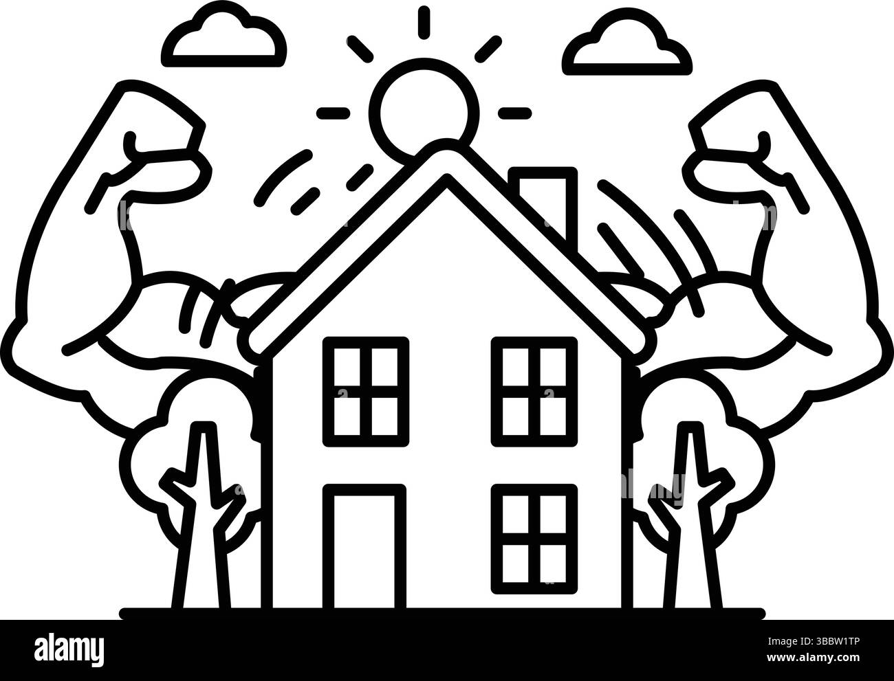 A house with two muscular arms surrounding it. The house is white and ...