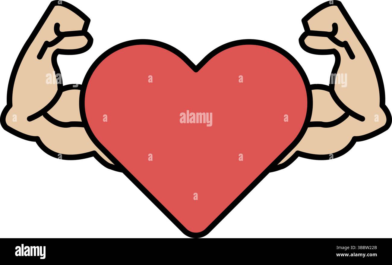 A cartoon drawing of a man with a red heart in his bicep. The drawing ...