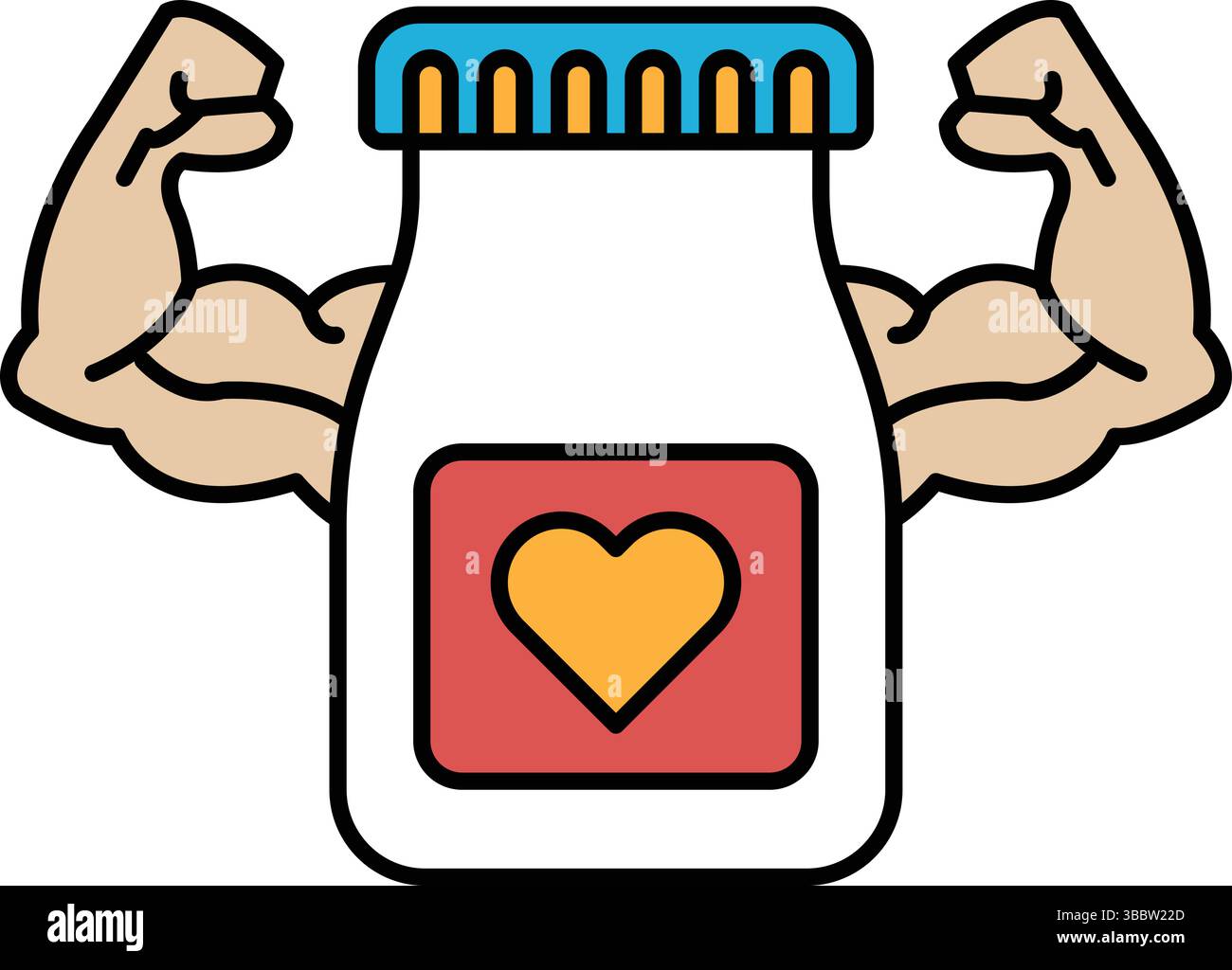 A cartoon of a man with bulging muscles holding a jar with a heart on ...