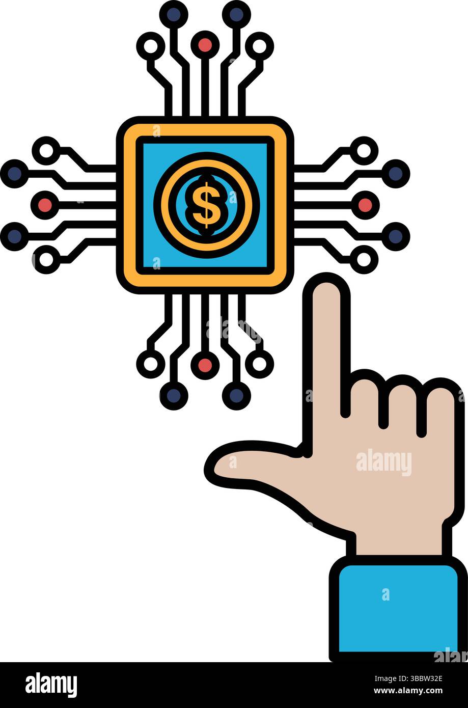 A hand pointing at a computer chip with a dollar sign on it. Concept of ...