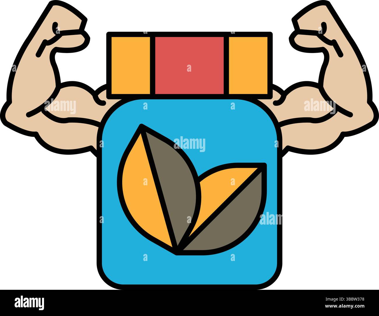 A cartoon of a man with bulging muscles holding a jar of pills. The jar ...