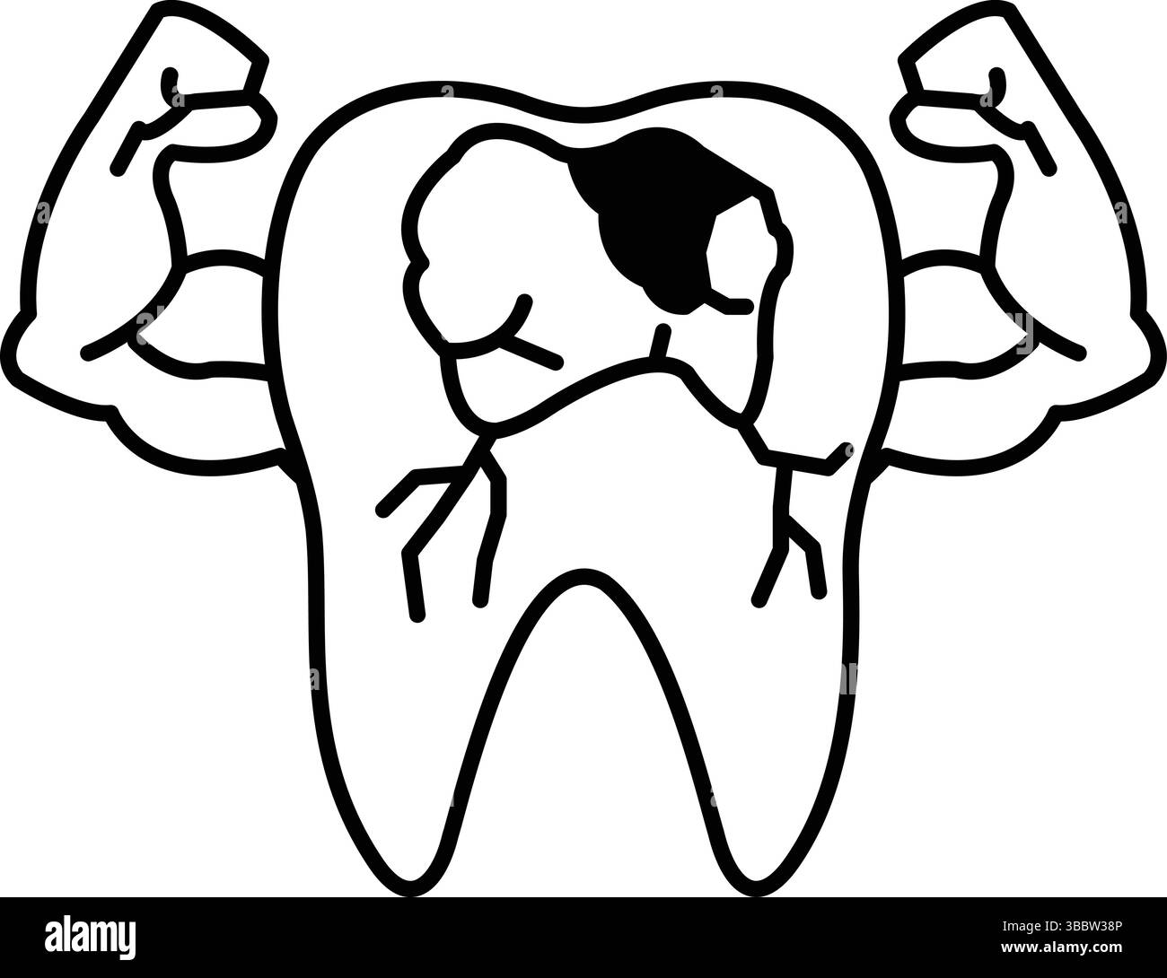 A tooth with a black spot on it is shown with a muscular man's arms ...