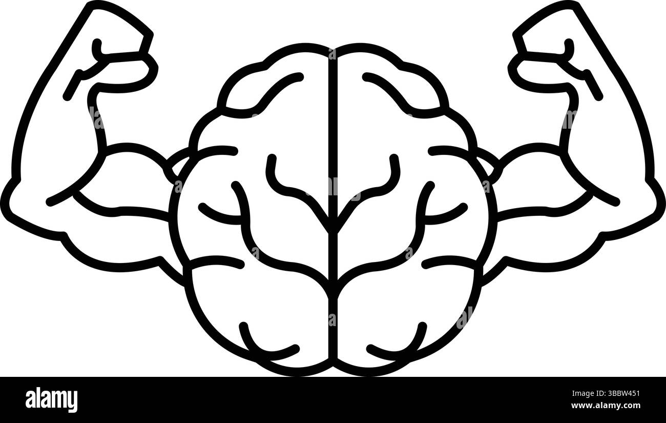 A black and white drawing of a brain and bicep muscles. The brain is ...
