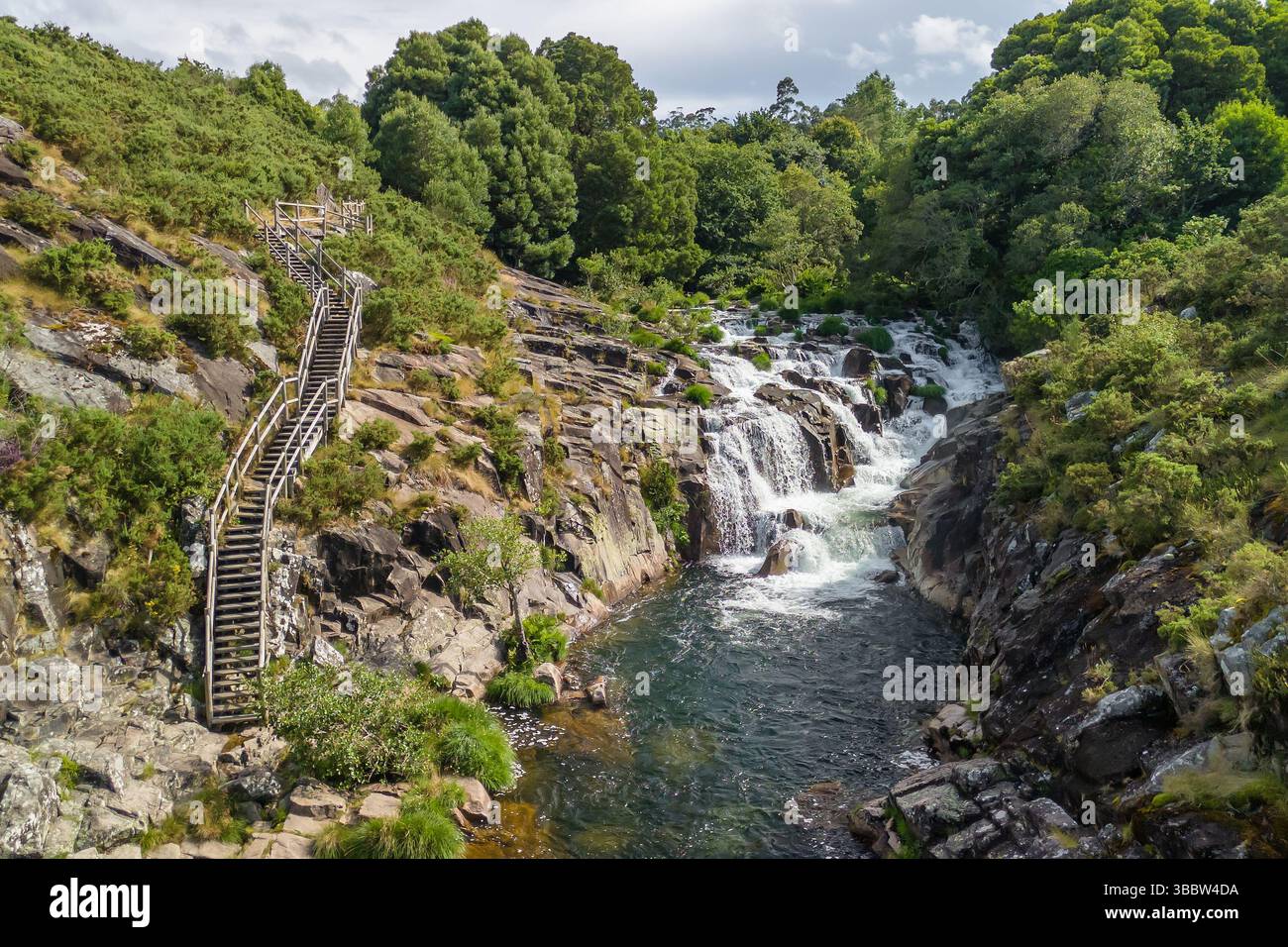Aerial view of Caldeiras do Castro waterfall, Muxia, Galicia, northern ...
