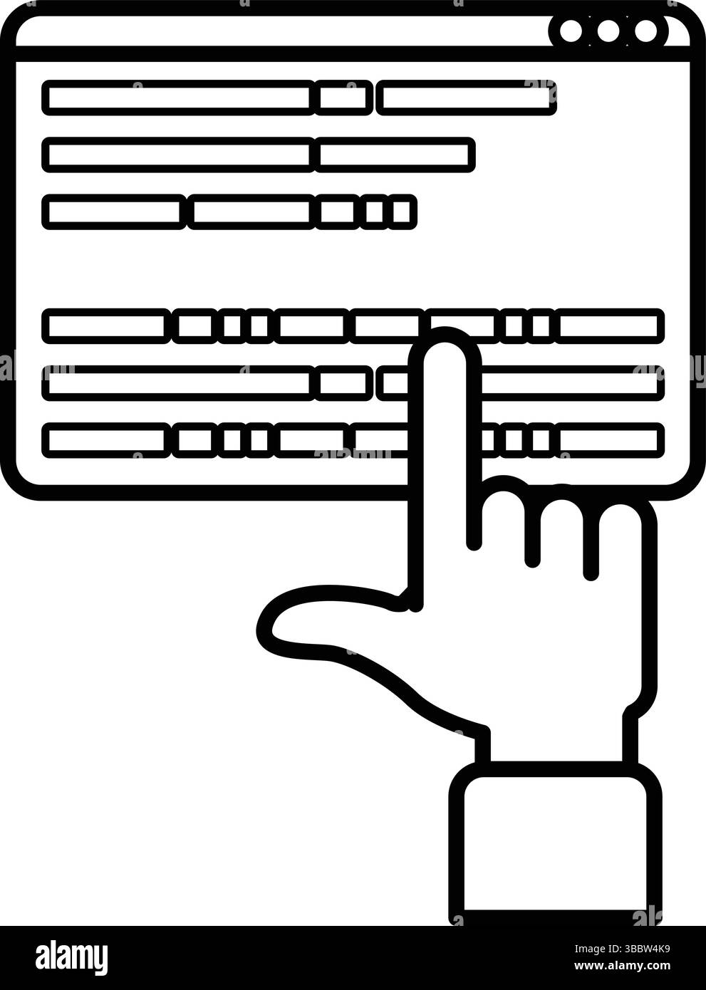 A hand pointing at a computer screen with a black background. The ...