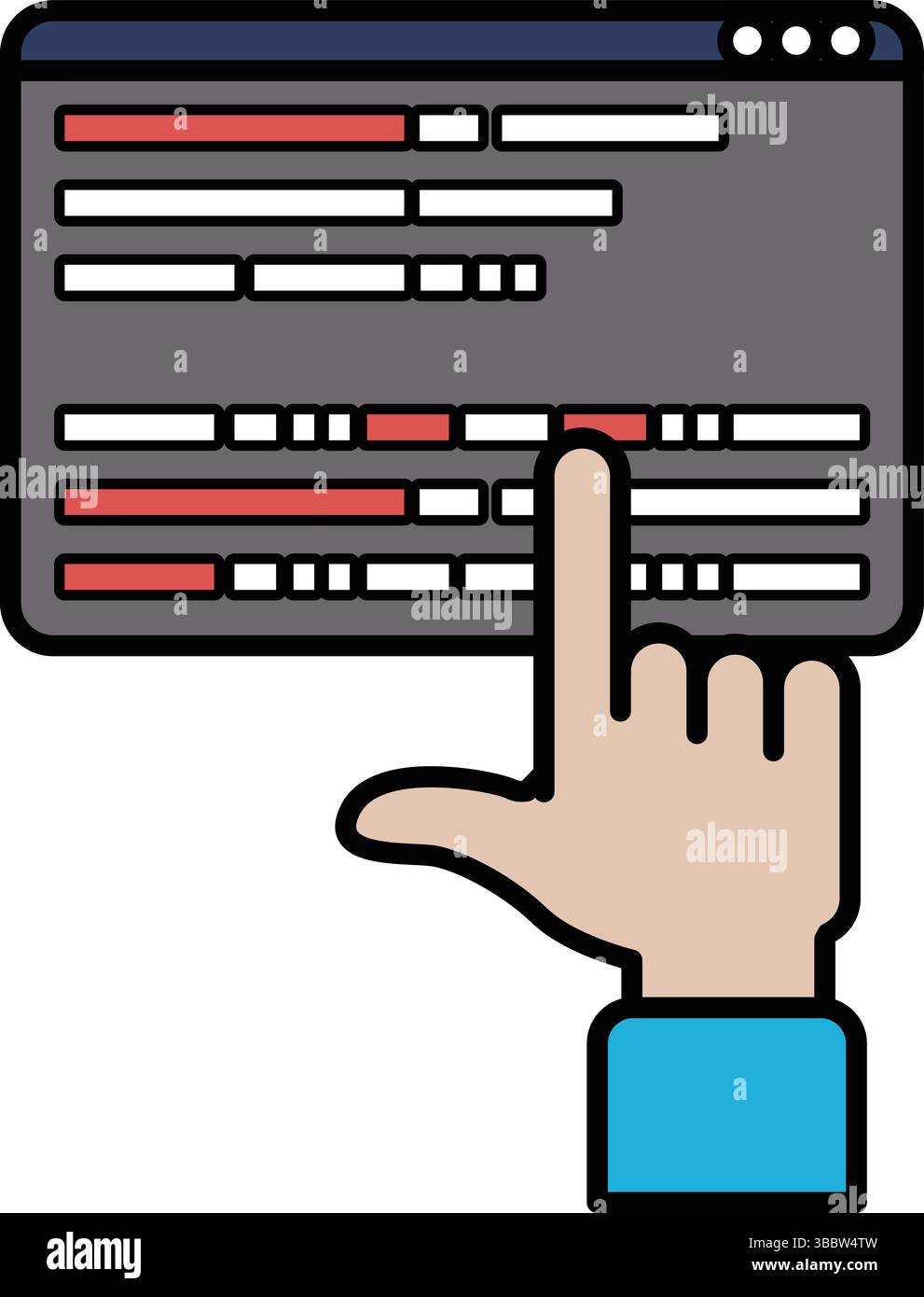 A hand pointing at a computer screen with a red and white line. The ...