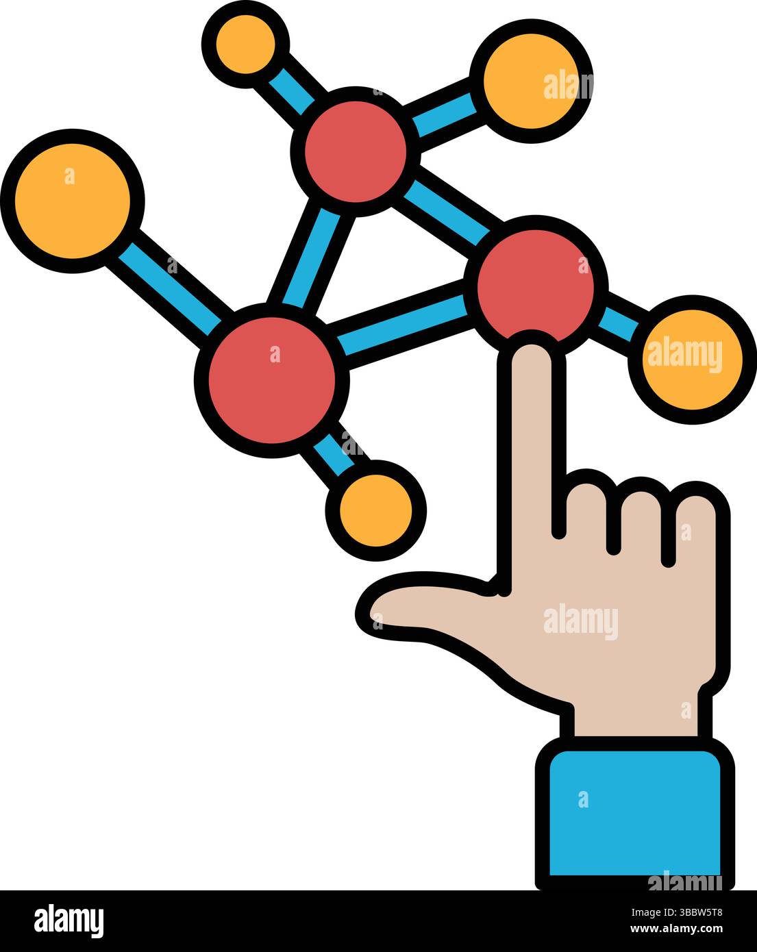 A hand pointing at a molecule. The molecule is made up of many small ...