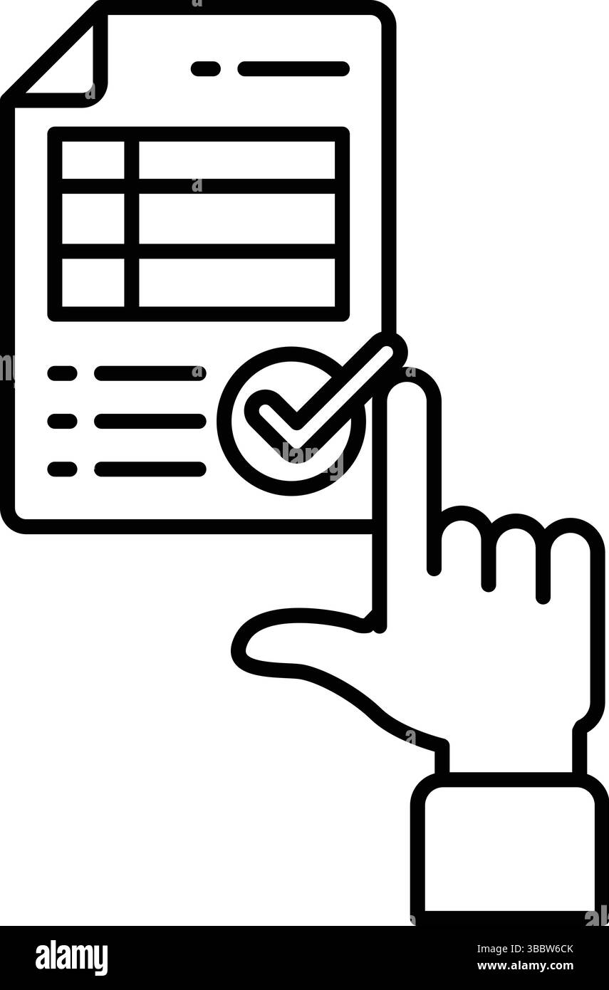 A hand is pointing at a check mark on a piece of paper. The paper has a ...