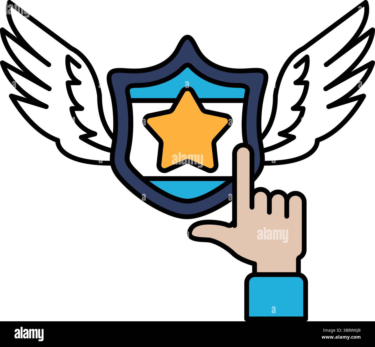 A hand pointing to a shield with a star on it. The shield is blue and ...