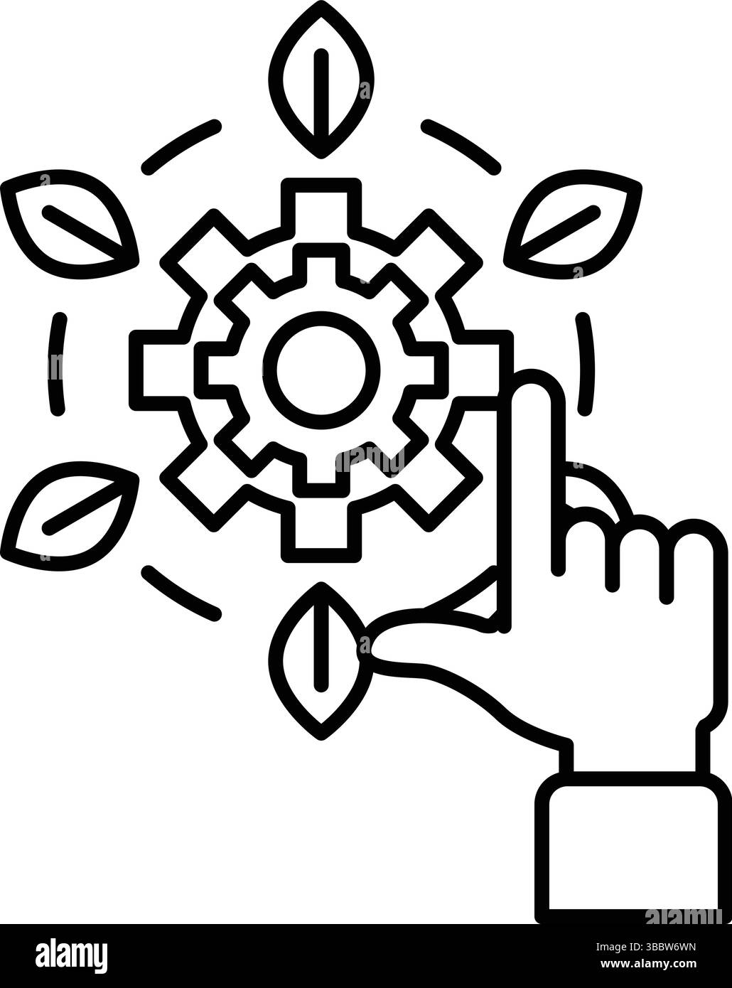 A hand pointing to a gear with leaves surrounding it. Concept of ...