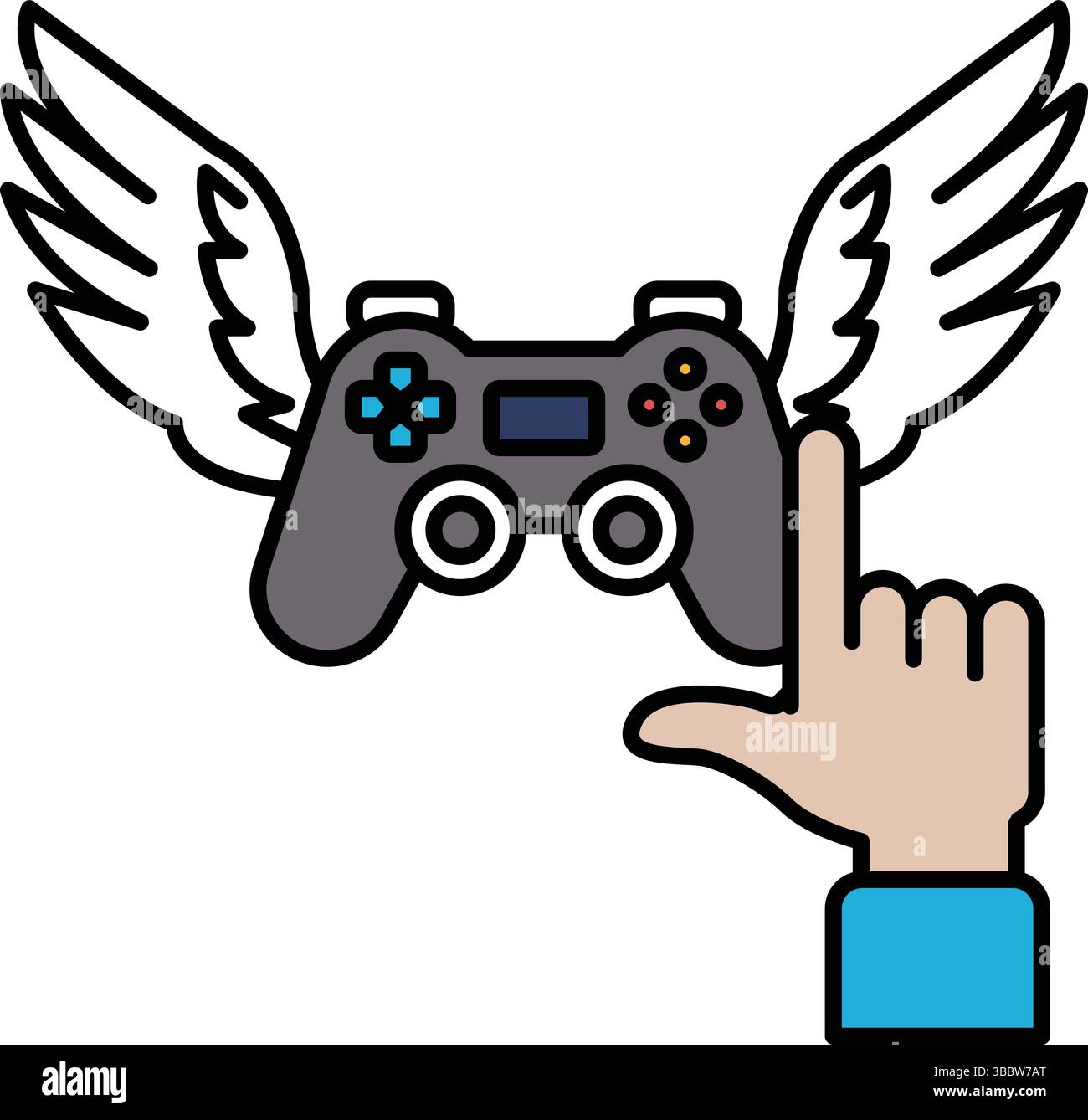 A video game controller with wings on it. A hand is pointing at the ...