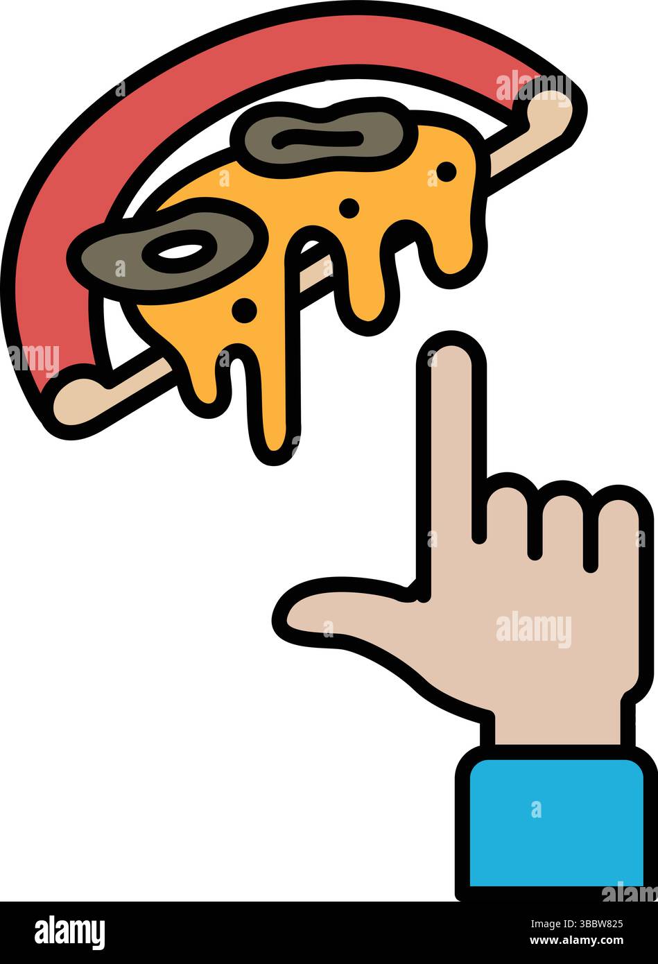 A hand pointing at a slice of pizza with cheese and olives on it. The ...