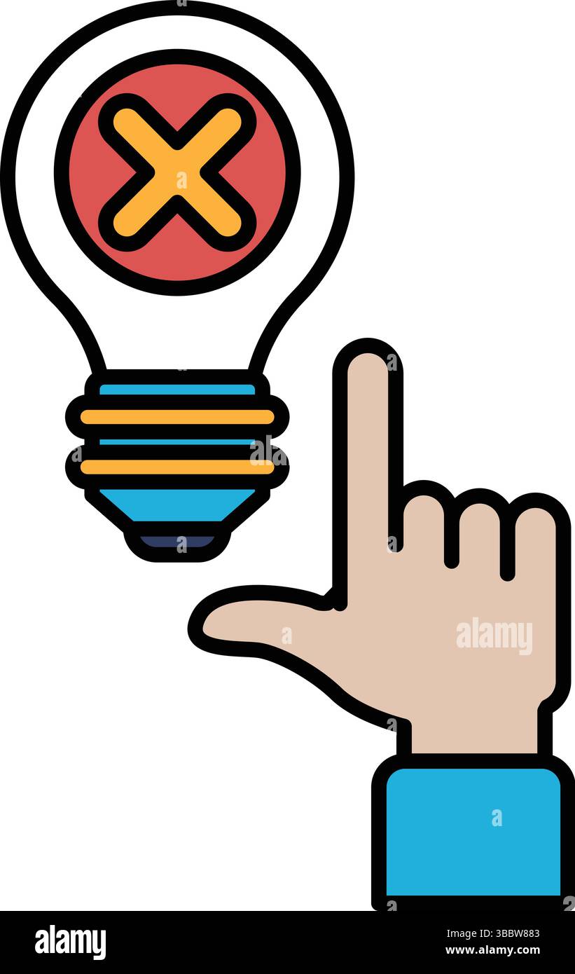 A hand pointing to a light bulb with an X on it. Concept of failure or ...