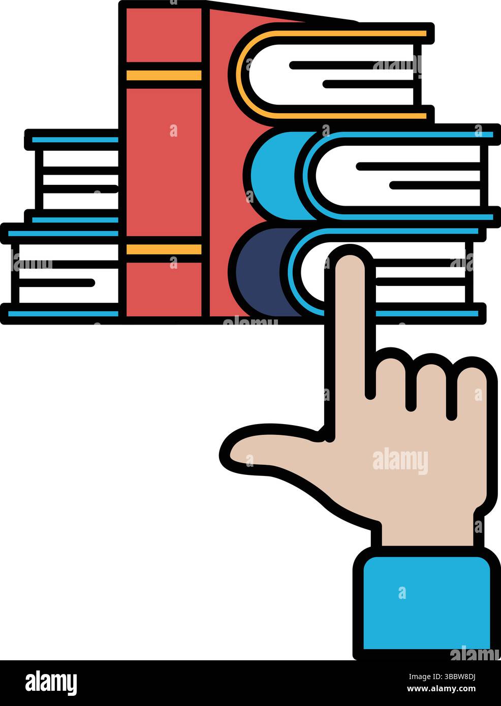 A hand pointing at a stack of books. The books are red and blue Stock ...