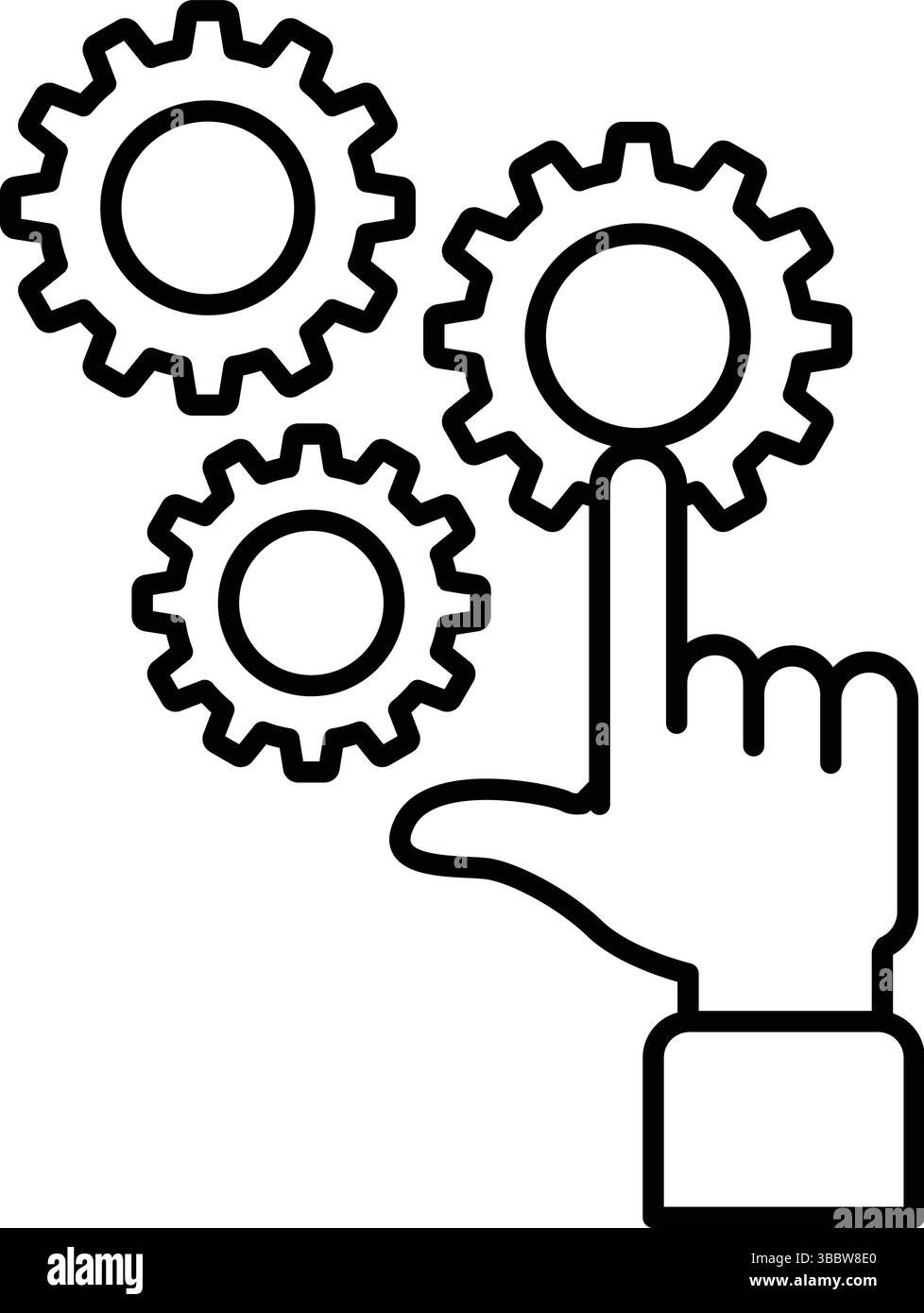 A hand pointing to three gears. The gears are black and white. Concept of gears working together ...